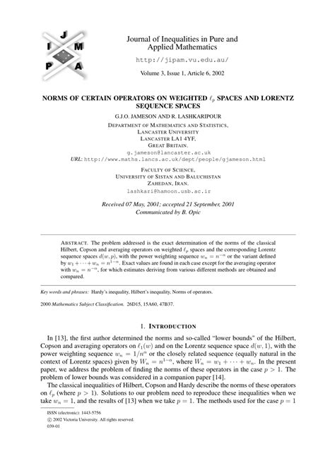 Pdf Norms Of Certain Operators On Weightedp Spaces And Lorentz Sequence Spaces