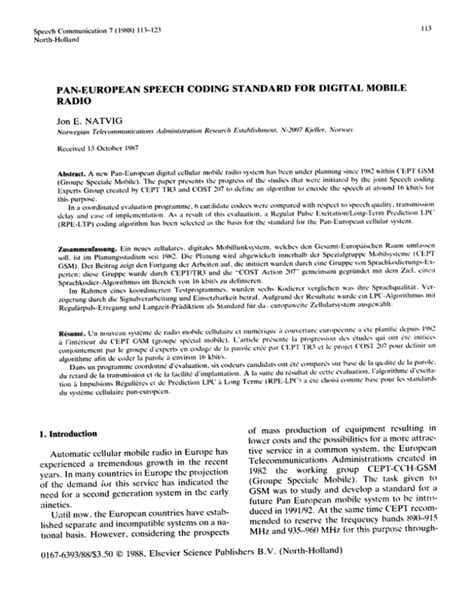 Speech Coding Strandard For Digital Mobile Radio Gsm