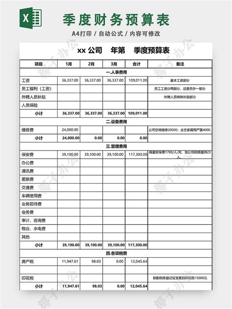 季度财务预算表EXCEL模板 椰子办公