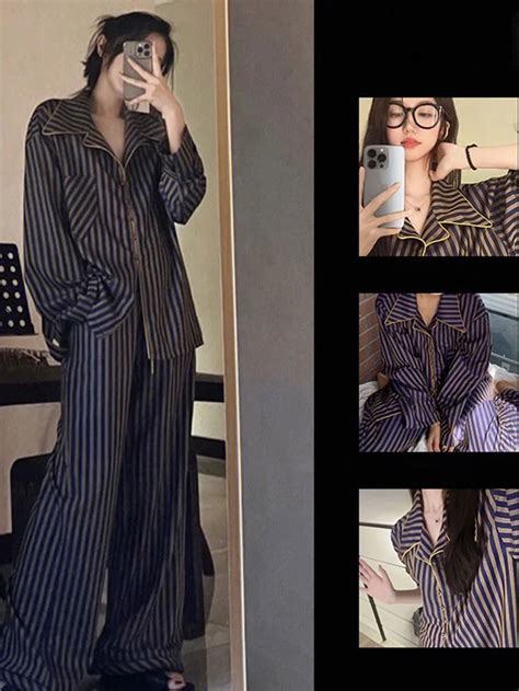 스트라이프 잠옷 여성 한국 스타일 인터넷 연예인 디자인 루즈한 긴팔 바지 홈웨어 세트 최신 Ins Aliexpress