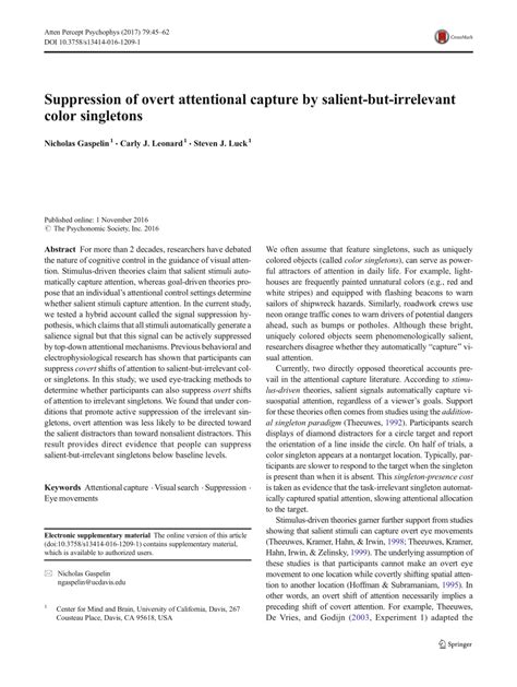 Pdf Suppression Of Overt Attentional Capture By Salient But Irrelevant Color Singletons