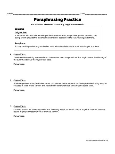 Paraphrasing Worksheet Pdf