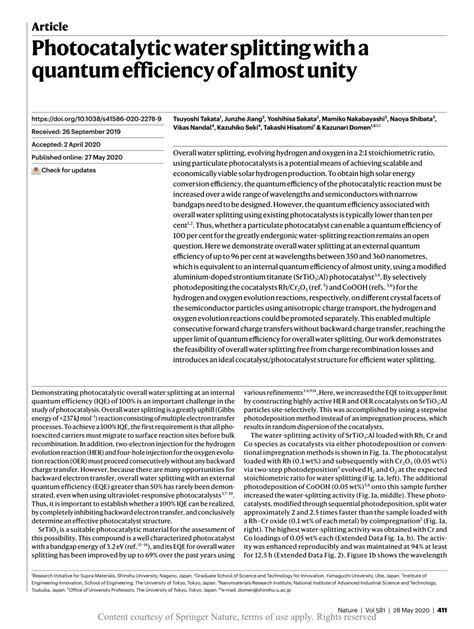 photocatalytic water splitting with a quantum efficiency of almost unity request pdf
