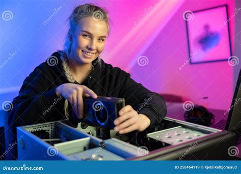 Smiling E Sport Gamer Girl Installing New Gpu Video Card In Her Gaming Pc Stock Image Image Of