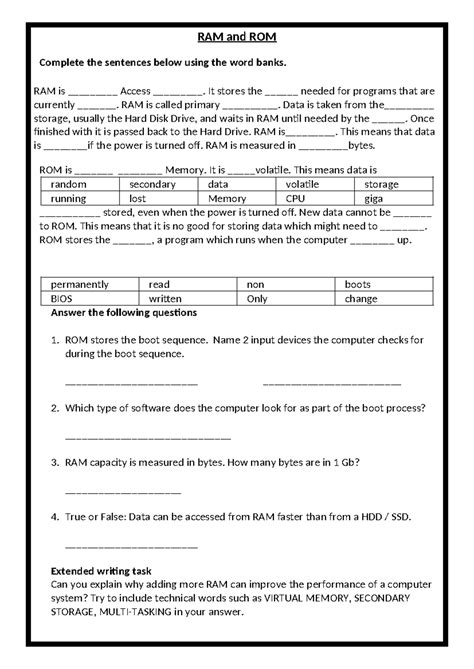 Gcse Computing Homework Ram And Rom Ram And Rom Complete The