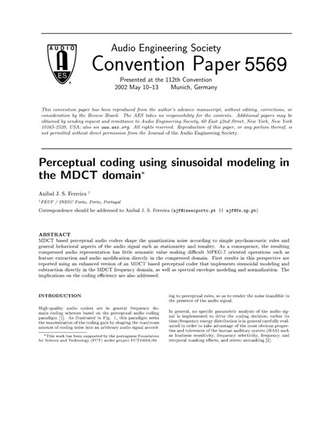 Pdf Perceptual Coding Using Sinusoidal Modeling In The Mdct Domain