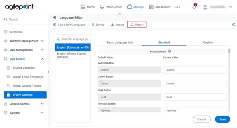 Export Language Screen