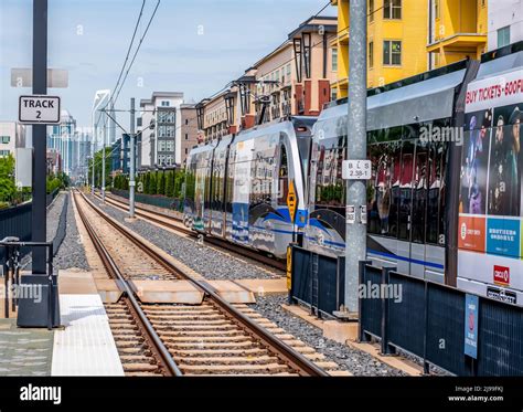 Lynx Blue Line Commuter Train Heading Into Uptown Charlotte North Carolina Showing High Rise