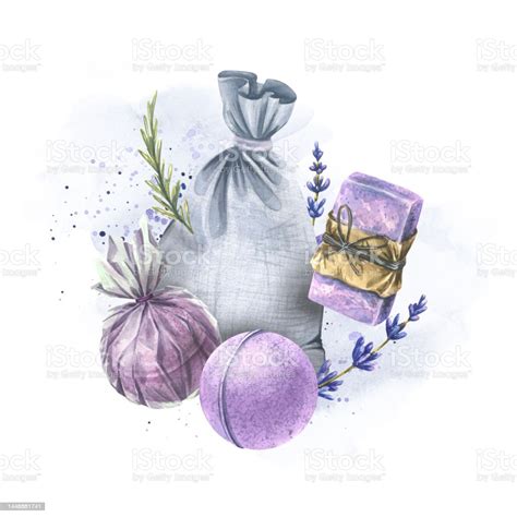 수제 비누와 목욕 폭탄 반점과 페인트의 배경에 라벤더 장식이있는 캔버스 가방 수채화 그림입니다 라벤더 스파 컬렉션의 구성 가방에