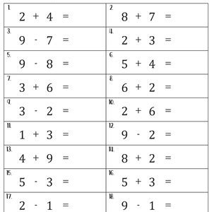 Horizontal Mixed Single Digit Addition And Subtraction Worksheets Etsy