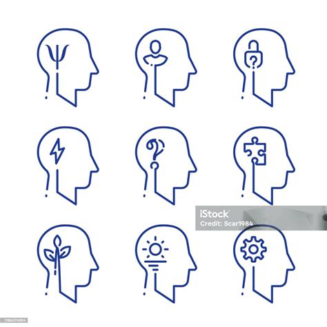 인간의 머리 프로필 라인 아이콘 세트 인지 심리학 또는 정신과 지성 훈련 태도에 대한 스톡 벡터 아트 및 기타 이미지 태도 아이콘 성장 개념 Istock
