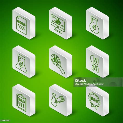 친환경 건강 식품 Gmo 연구 닭 Gmo 생물학적 위험 및 돋보기 시험관 플라스크 유전 공학 수정 문서 바이오 및 유전자 변형 아이콘에 대한 라인 라벨을 설정합니다 벡터 0