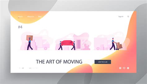 새 집 웹 사이트 방문 페이지로 이동 이전 유니폼 캐리 박스와 가구를 입고 노동자 전문 배달 회사 로더 서비스 웹 페이지 배너 만화 플랫 벡터 일러스트 가구에 대한 스톡