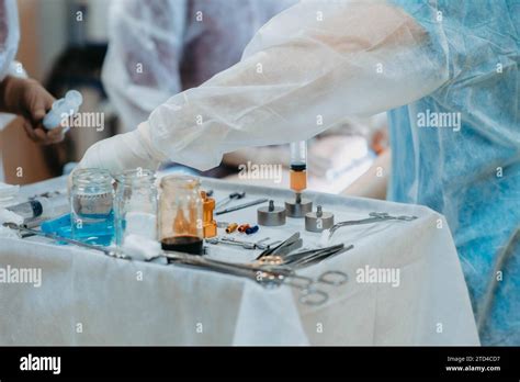 preparing surgical instruments for surgery in the operating room stock