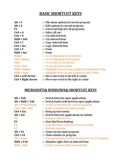 basic shortcut keys keyboard shortcut system software