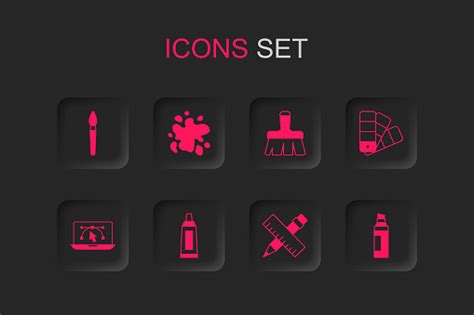 페인트 팔레트 페인트 스프레이 브러시 교차 자 및 연필 색상 가이드 마커 및 컴퓨터 디자인 프로그램 아이콘으로 튜브를 설정합니다