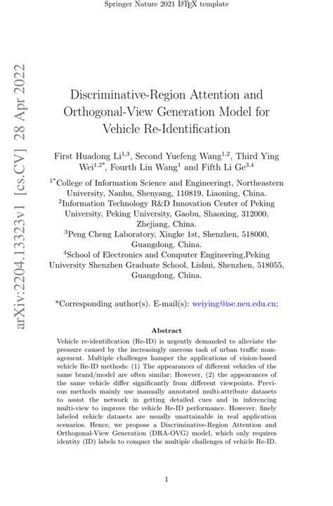 Pdf Discriminative Region Attention And Orthogonal View Generation Model For Vehicle Re