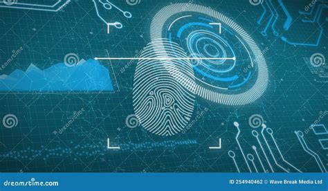 Image Of Biometric Fingerprint Scanner Over Interface With Data Processing On Blue Background