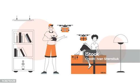 남자와 여자 팀은 무인 항공기로 패키지를 제공합니다 항공에 의한 화물 운송의 개념 선형 현대 스타일 군사적 침략에 대한 스톡 벡터 아트 및 기타 이미지 Istock