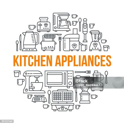 주방 소형 가전 장비 배너 그림입니다 가정용 조리 도구믹서 기 믹서 푸드 프로세서 커피 기계 전자 레인지 토스터의 벡터 라인 아이콘입니다 전자 원 서식 파일 미니오븐에 대한