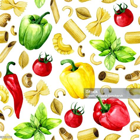 수채화 그리기 야채와 원활한 패턴 이탈리아 파스타입니다 피망 바질 파스타 건강한 식생활에 대한 스톡 벡터 아트 및 기타 이미지 건강한 식생활 고추류 그래픽 프린트