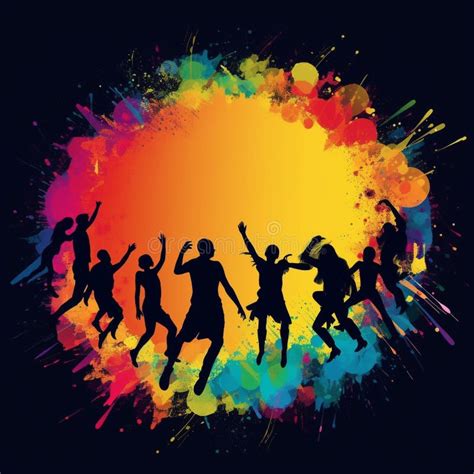 Dance Logo Crowd Of People Dancing Silhouette With Vibrant Rainbow Colors Stock Illustration
