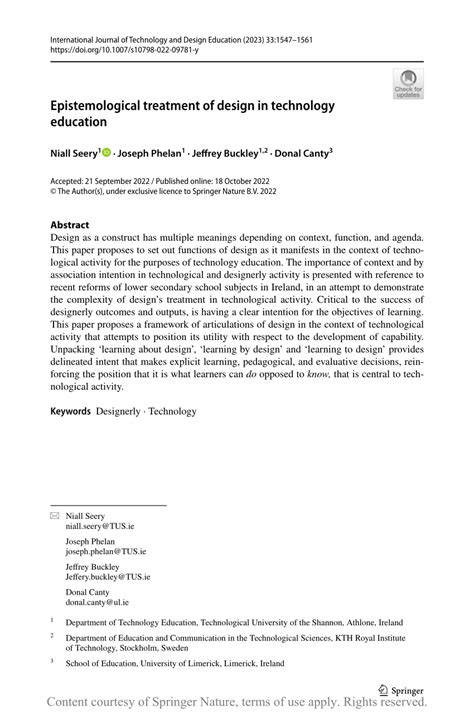 Epistemological Treatment Of Design In Technology Education Request Pdf