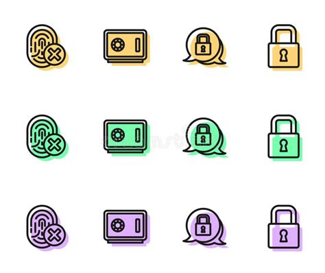 Set Line Lock Cancelled Fingerprint Safe And Icon Vector Stock