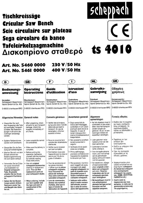 Bedienungsanleitung Scheppach Ts4010 Seite 1 Von 90 Deutsch Englisch Holländisch