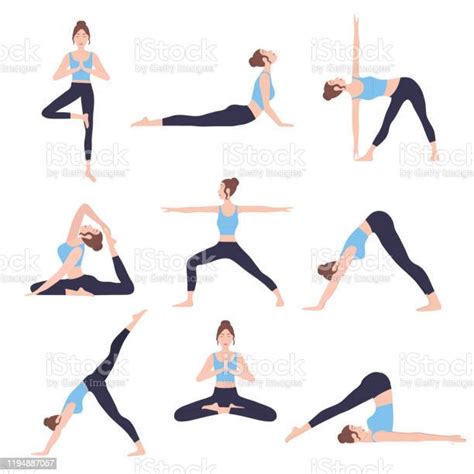 신체 운동을 하는 청녀 흰색 배경에 고립 된 요가 위치를 보여주는 여성 만화 캐릭터의 번들 다채로운 플랫 벡터 일러스트레이션 가냘픈에 대한 스톡 벡터 아트 및 기타 이미지