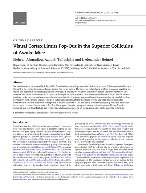 Pdf Visual Cortex Limits Pop Out In The Superior Colliculus Of Awake Mice