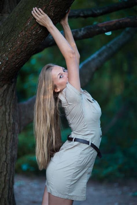 Girl Hanging On The Tree Branch Stock Image Image Of Haired Fruit