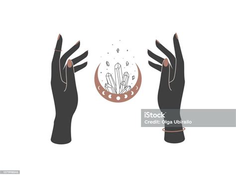 트렌디 한 보헤미안 스타일로 치유 크리스탈과 초승달 매직 핸즈 화장품 이나 미용 제품에 대 한 브랜딩 또는 로고에 대 한 연금 술 루나 기호 셀레스티아슬과 신비한 벡터