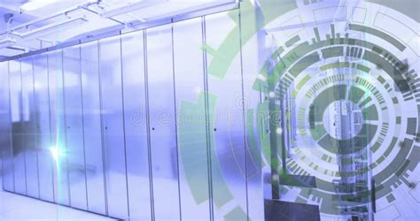 Animation Of Loading Circles And Lens Flares On Data Server Racks In