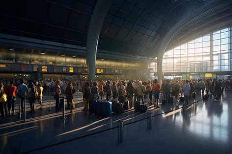 Passengers Waiting In A Queue At A Security Checkpoint Premium Ai