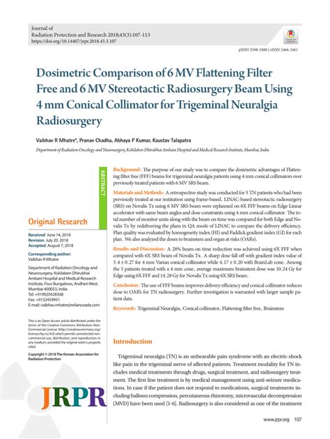 Pdf Dosimetric Comparison Of 6 Mv Flattening Filter Free And 6 Mv Stereotactic Radiosurgery
