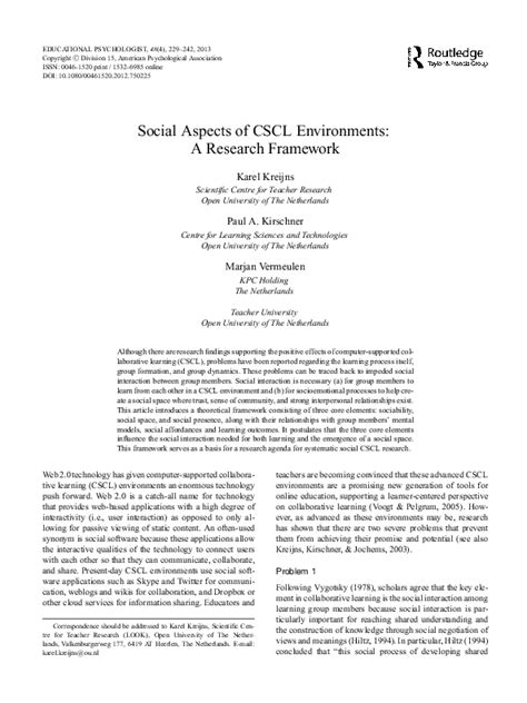 Pdf Social Aspects Of Cscl Environments A Research Framework Paul