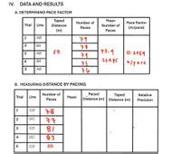 Answered IV DATA AND RESULTS A DETERMINING PACE FACTOR Тарed Mean Number of Pace Factor Trial