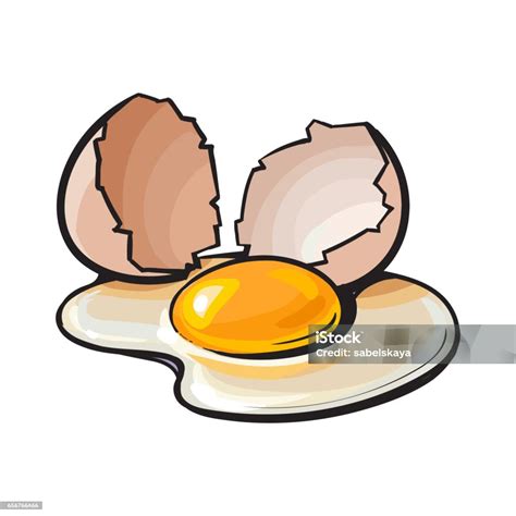 금이 간 부서 지 고 유출 닭고기 달걀 스케치 스타일 벡터 일러스트 레이 션 깨짐에 대한 스톡 벡터 아트 및 기타 이미지