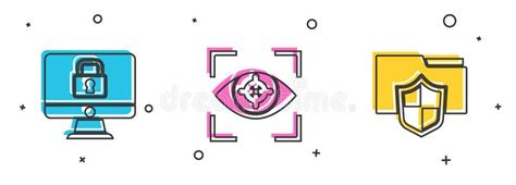 Set Lock On Monitor Eye Scan And Document Folder Protection Icon Vector Stock Vector