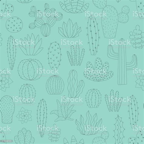 녹색 배경에 손으로 그린 열 대 선인장 실루엣의 완벽 한 패턴입니다 여름 스칸디나비아의 이국적인 벡터 일러스트 레이 션 어린이 위한 선인장 인쇄 타이포 그래피 보육 아기 홈
