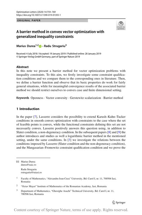 A Barrier Method In Convex Vector Optimization With Generalized Inequality Constraints Request Pdf