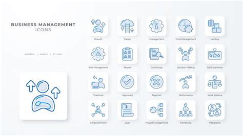 파란색 개요 스타일 사무실 팀워크 회의 전략 전문 관리자 기업 벡터 일러스트와 함께 비즈니스 관리 아이콘 모음 프리미엄 벡터