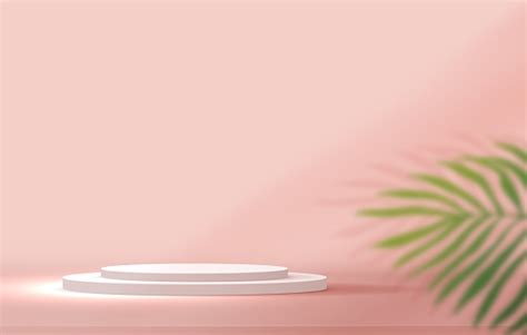 화장품 라이트 핑크 배경 최소화 및 제품 프리젠 테이션 브랜딩 및 포장 프리젠 테이션을위한 프리미엄 포디움 디스플레이 잎 배경의