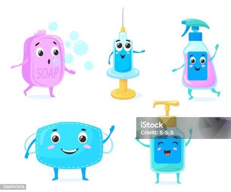 귀여운 소독제 병 만화 방부제 스프레이 재미있는 주사기 코로나 바이러스 백신 어린이 예방 위생 소독 비누 얼굴 깔끔한 벡터