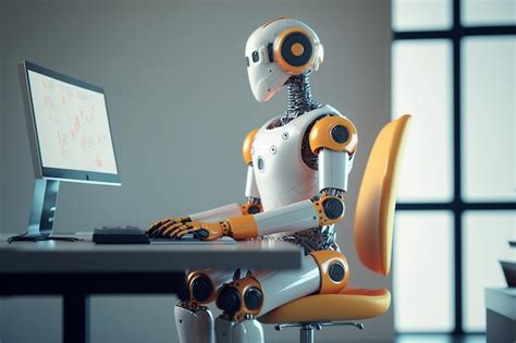 Premium Photo Ai Chatbot Robot Sitting At Desk Using Computer