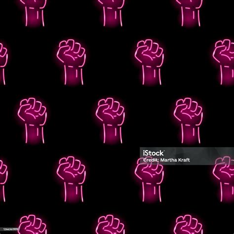 검은 색 배경에 고립 된 네온 제기 주먹과 원활한 패턴 항의 힘 승리 권력 연대 개념 야간 간판 스타일 벡터 10 Eps 그림