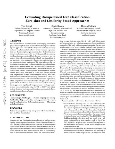 Pdf Evaluating Unsupervised Text Classification Zero Shot And Similarity Based Approaches