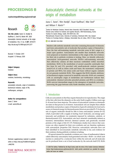 Pdf Autocatalytic Chemical Networks At The Origin Of Metabolism