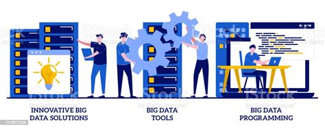 작은 사람들과 혁신적인 빅 데이터 솔루션 도구 및 프로그래밍 개념 빅 데이터 비즈니스 소프트웨어 추상 벡터 일러스트 레이션 세트 정보 시각화 분석 플랫폼 은유 개념에 대한